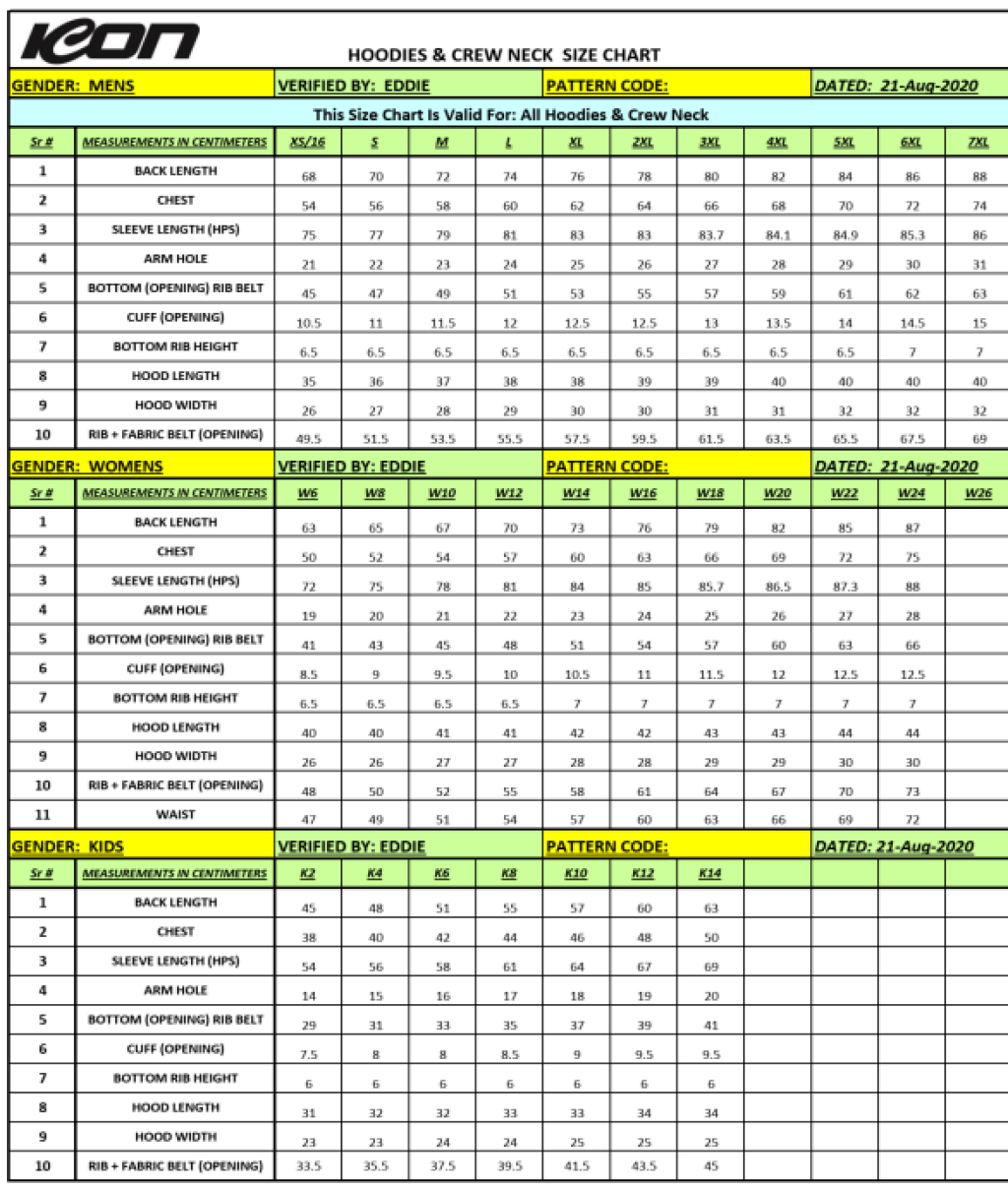 SPJ STARS SIZE CHARTS